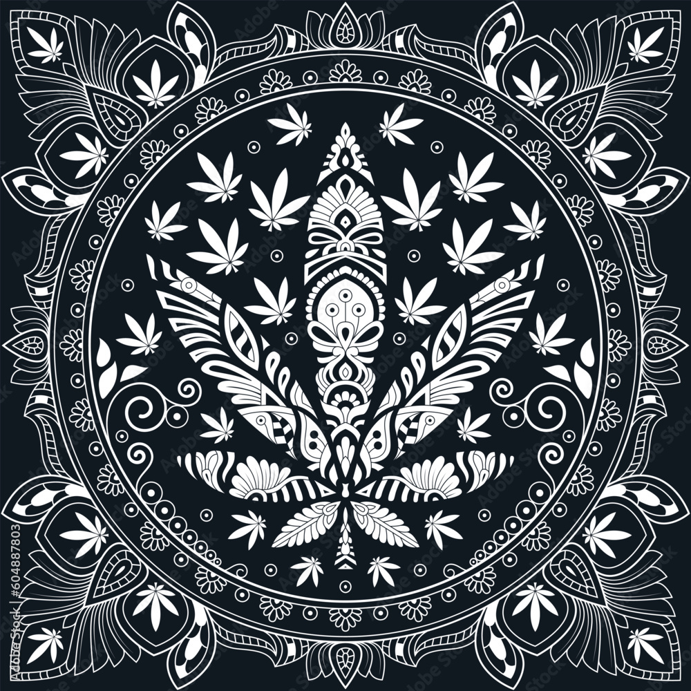 Cannabis marijuana leaf square mandala illustration line drawing in ...