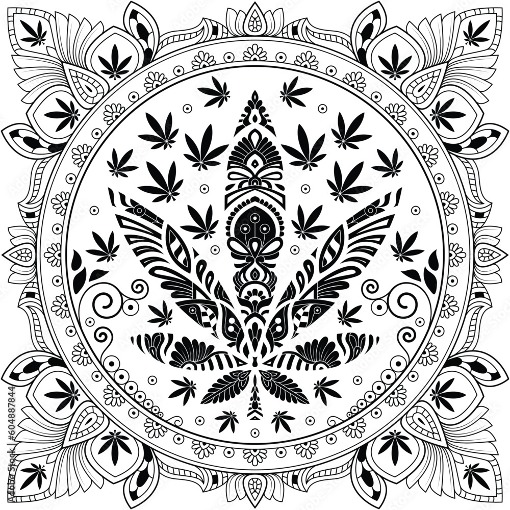 Cannabis marijuana leaf square mandala illustration line drawing in ...