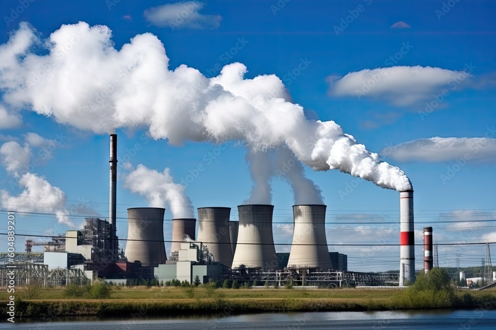 power plant, with smoke and steam rising from the chimneys, providing ...