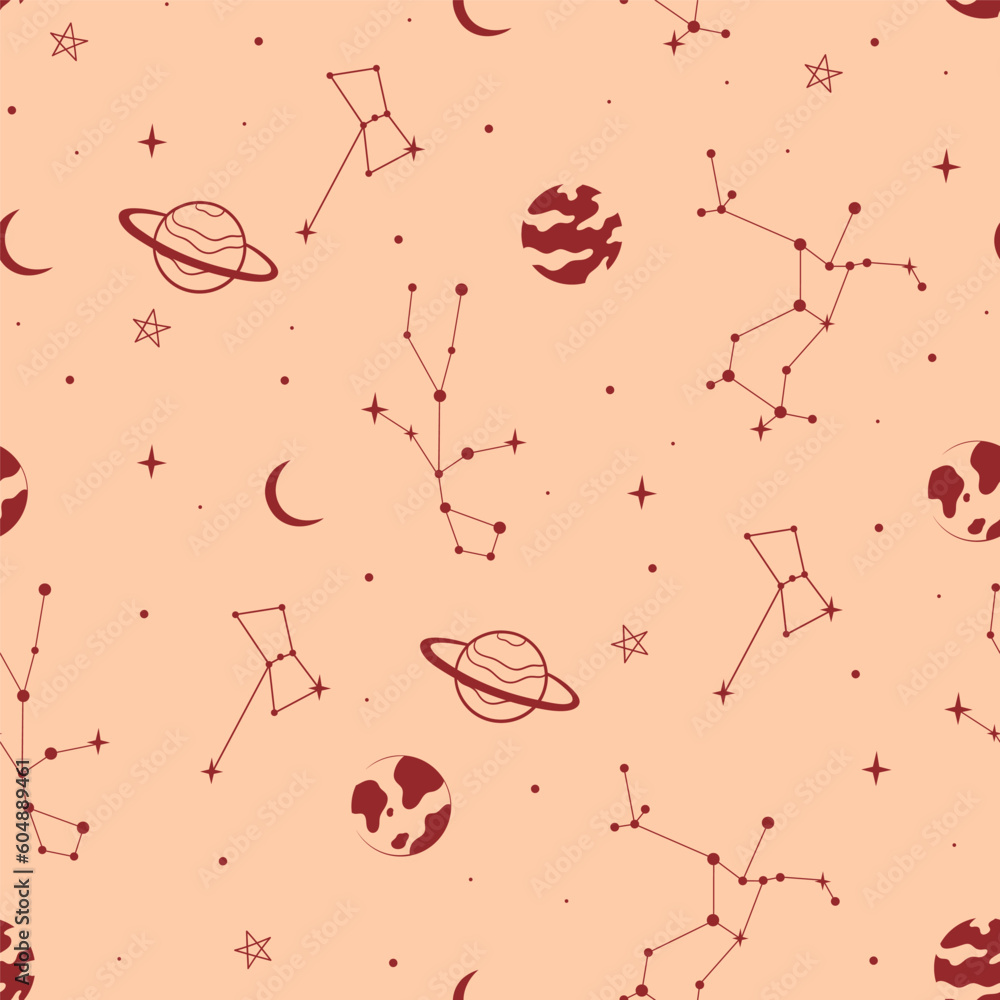 Seamless pattern with constellations, planets and moons on a beige ...