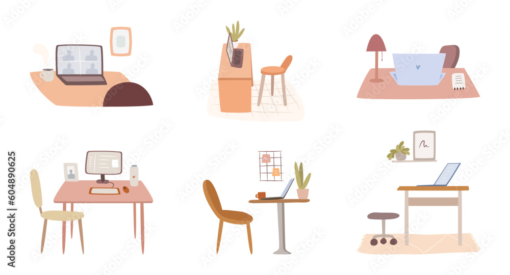 Workplaces with desks and computers in flat cartoon style. Vector ...