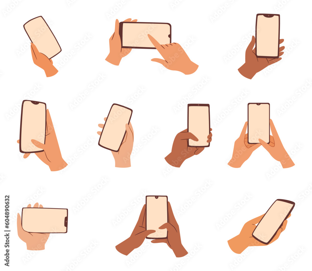 Hands holding mobile phones with empty screen, flat cartoon set ...