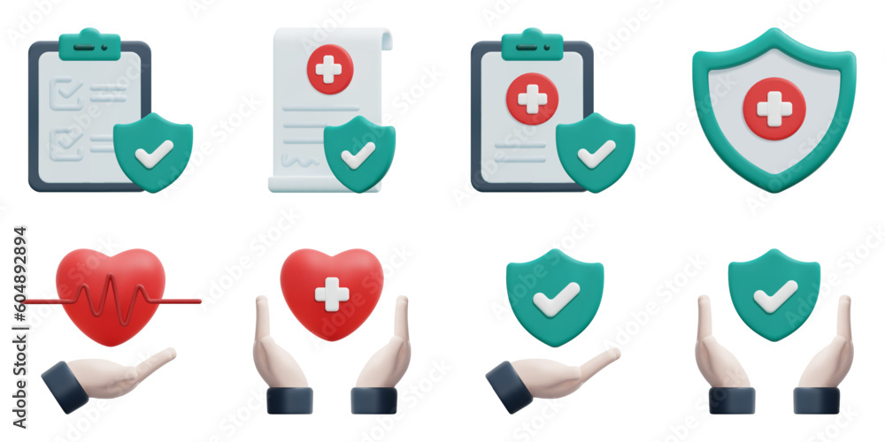Health insurance 3d vector icon set. Checklist, contract, hand, hands ...