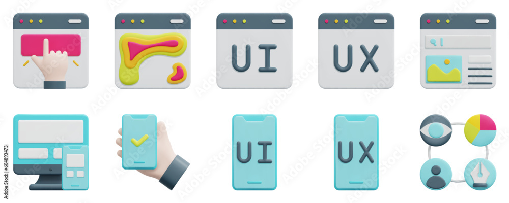Ux and ui 3d vector icon set. Clicking, design process, heatmap ...