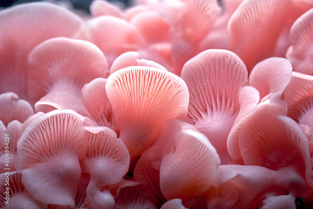 Macro of Pink oyster Mushrooms (Pleurotus ostreatus) showing gills ...