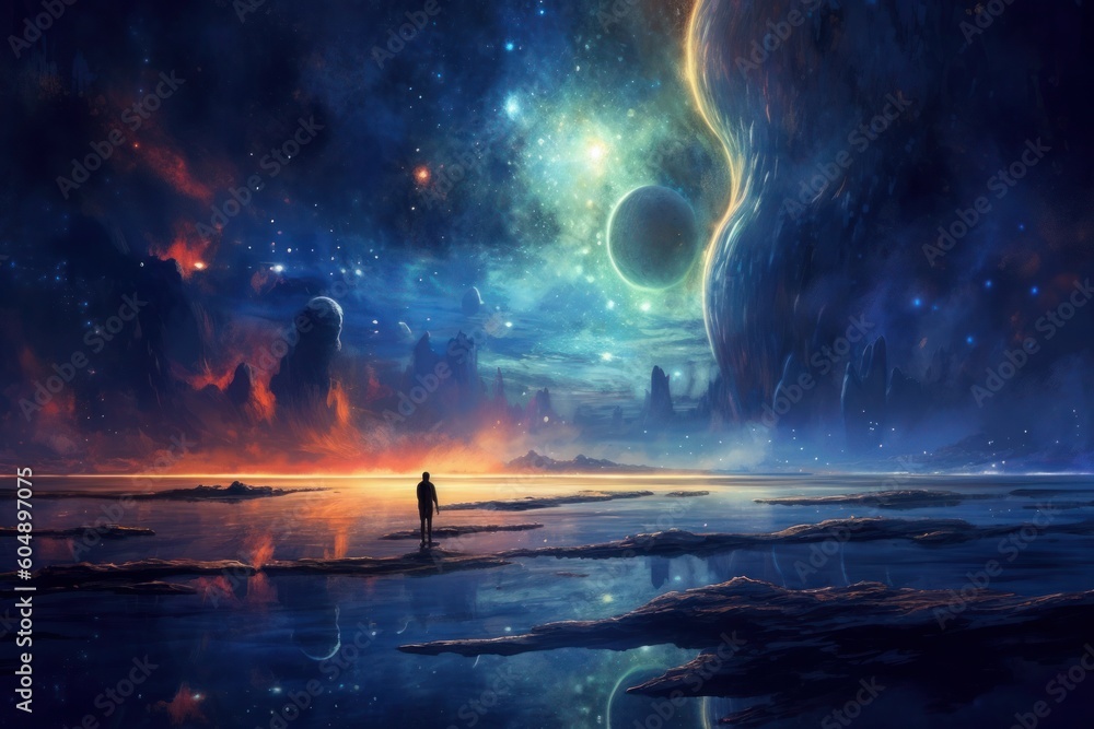 Amidst cosmic wonders, a figure walks in celestial waters. Surreal ...