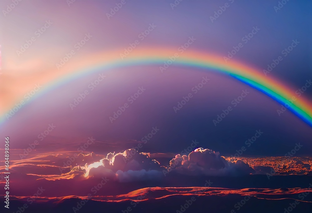 Stunning rainbow over violet purple cloudy sky as panoramic high ...
