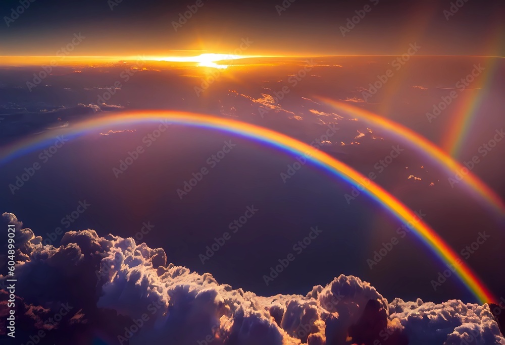 Stunning sunrise sun with rainbow over clouds sky as panoramic high ...