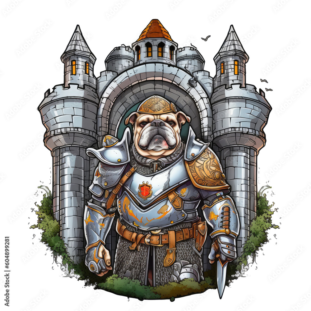 An English Bulldog dressed as a knight, wearing armor and a helmet ...
