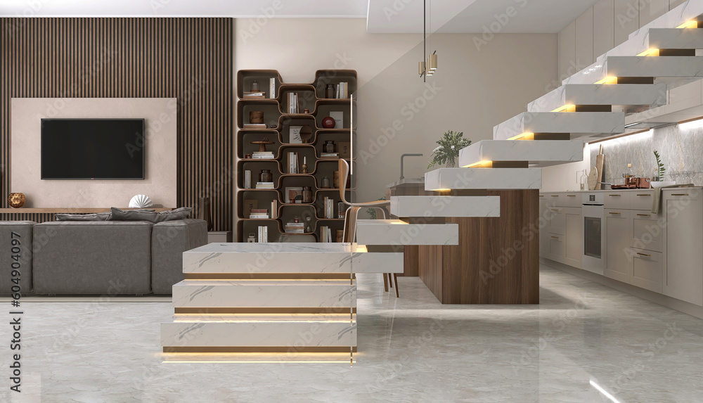 Poster White marble L shape floating stairs, led stripe light under ...