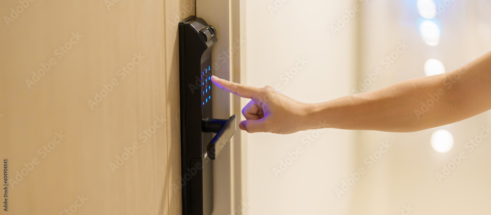 Hand press PIN number for smart digital door lock while open or close ...