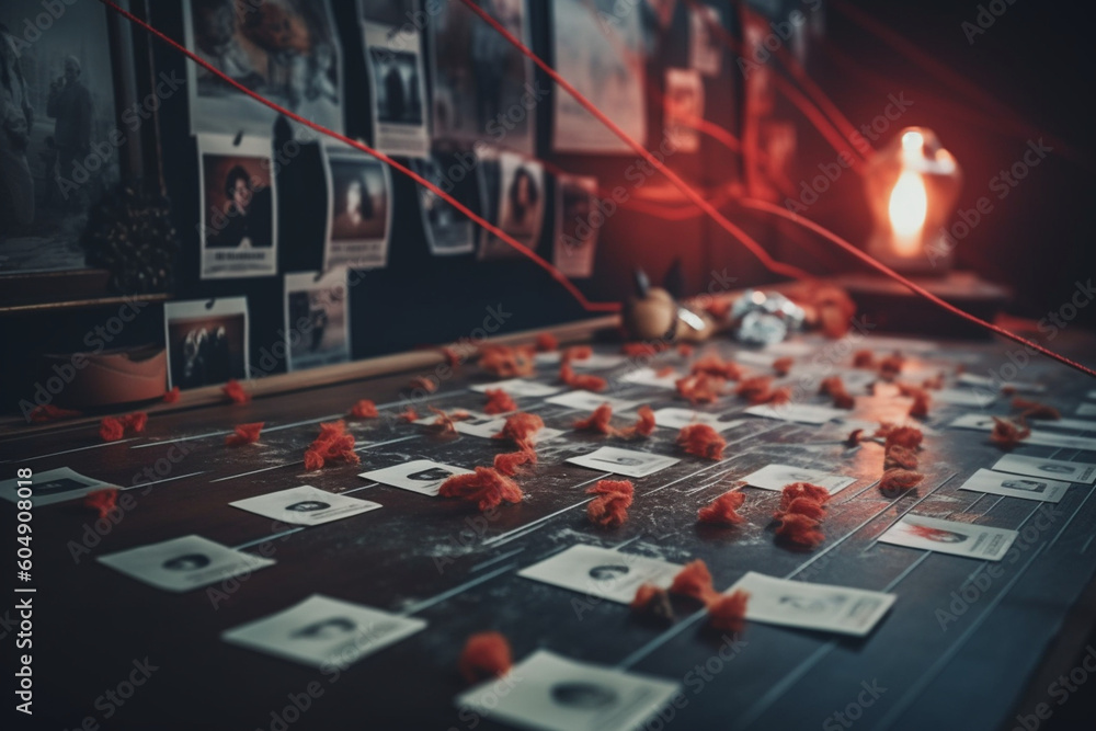 Detective board with photos of suspected criminals crime scenes and ...