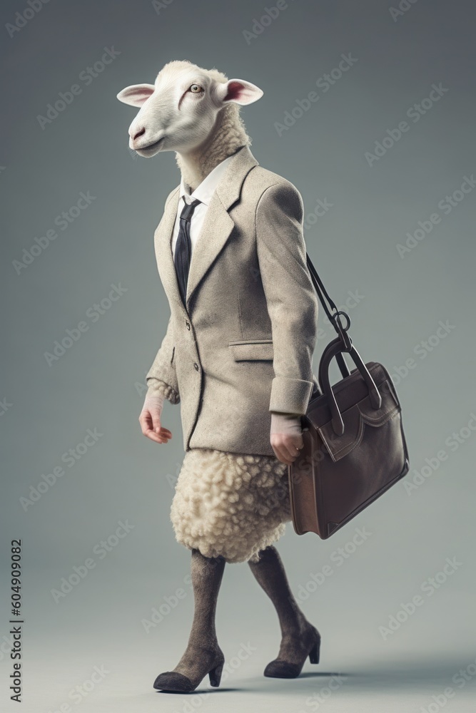 Sheep in a business suit, holding a briefcase, blending nature and ...