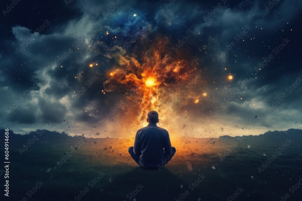 Burdened by burnout, solitary figure sits amid an expanse. Dark smog ...