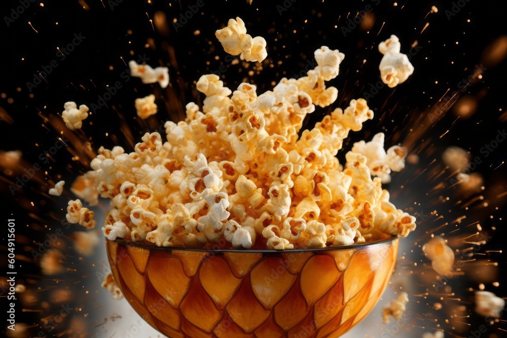 Popcorn exploding from a pan, with kernels flying in all directions ...