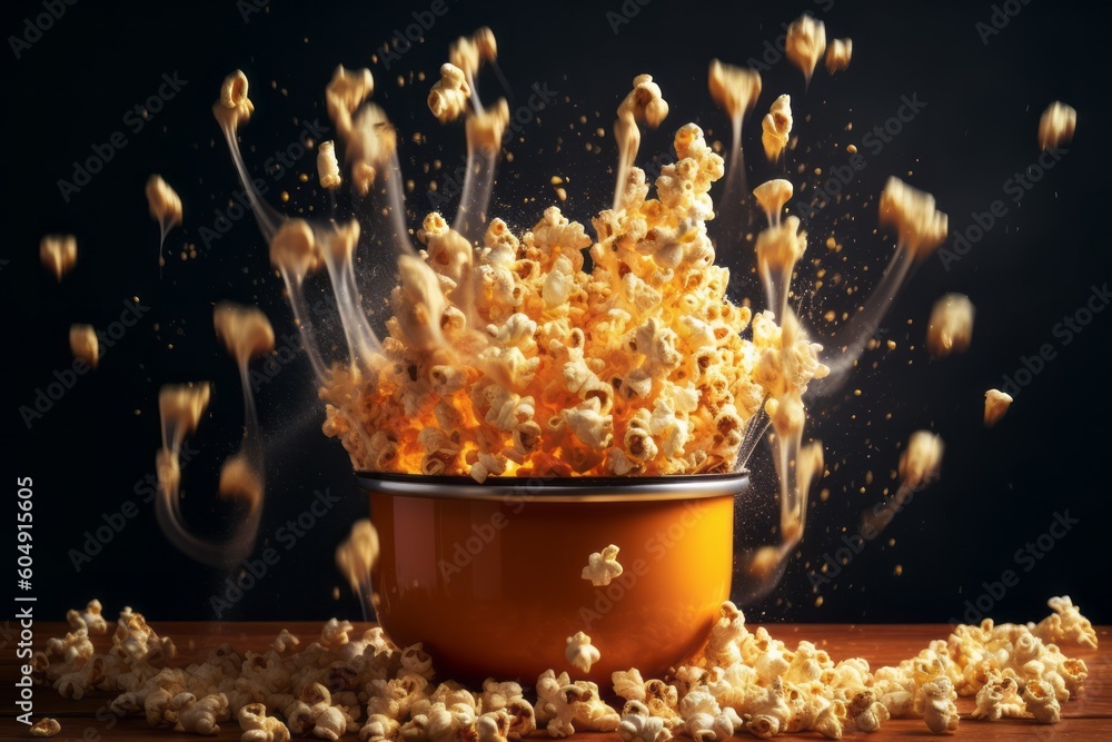 Popcorn exploding from a pan, with kernels flying in all directions ...