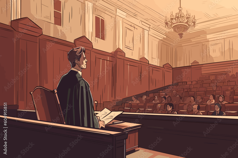 Doodle inspired Judge at courtroom, cartoon sticker, sketch, vector ...