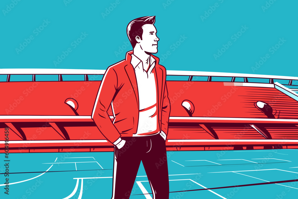 Doodle inspired Athlete manager at stadium, cartoon sticker, sketch ...