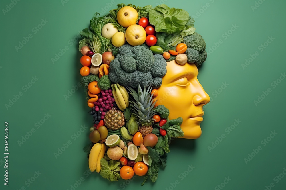 human head of vegetarian of fruits and vegetables. Concept of healthy ...