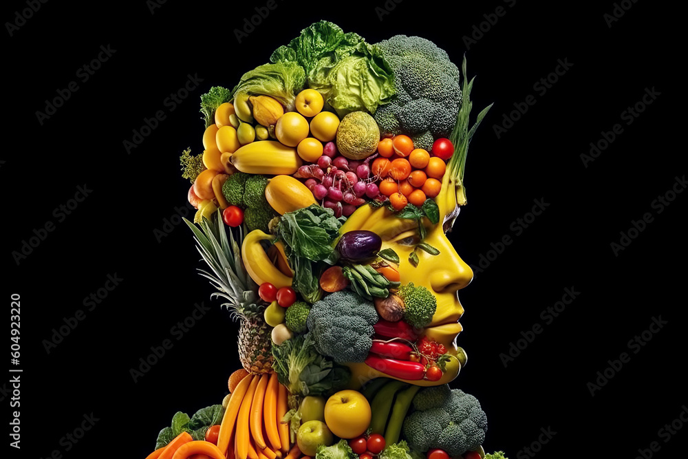 human head of vegetarian of fruits and vegetables. Concept of healthy ...