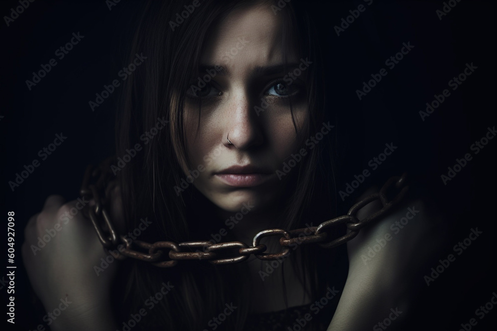 Portrait of a chained woman, human trafficking concept. Generative AI ...