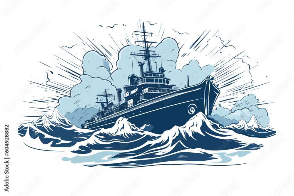 Doodle inspired Combat at naval vessel, cartoon sticker, sketch, vector ...