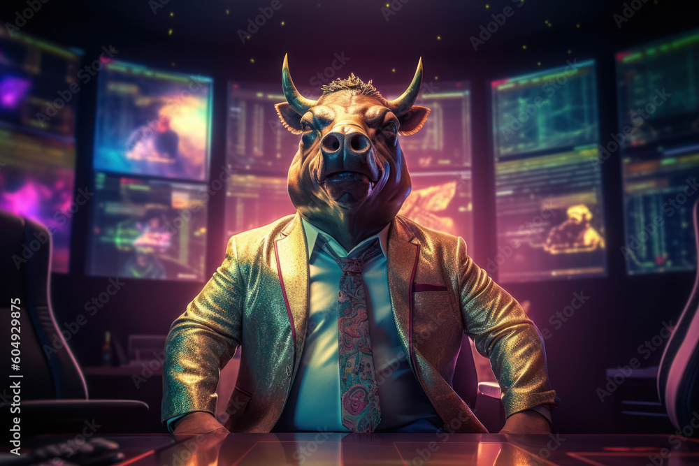 Trader business man suit with bull head sit at office background ...