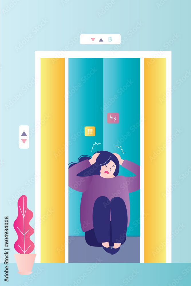 Claustrophobia, concept, vertical banner. Frightened woman in elevator ...