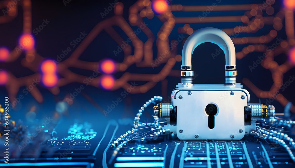 Padlock with Keyhole in data security on Converging point of circuit. Cyber security and ...