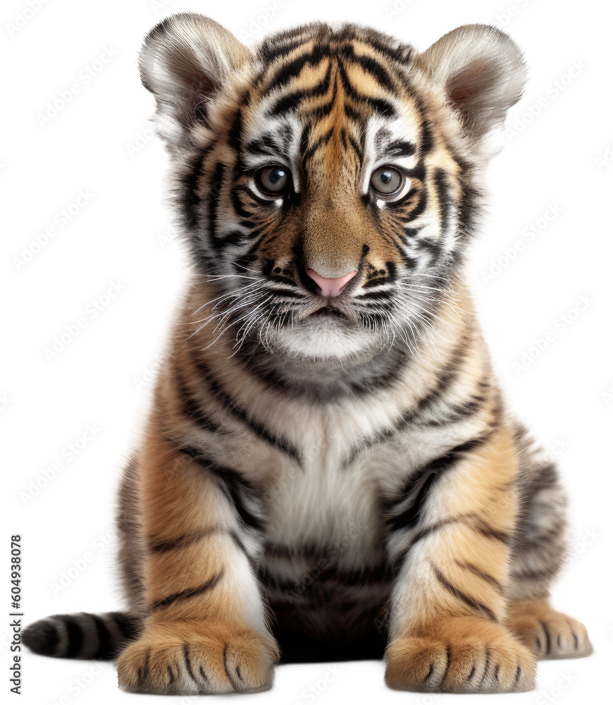 Close up of a baby tiger cub isolated on a white background as transparent PNG, generative AI ...