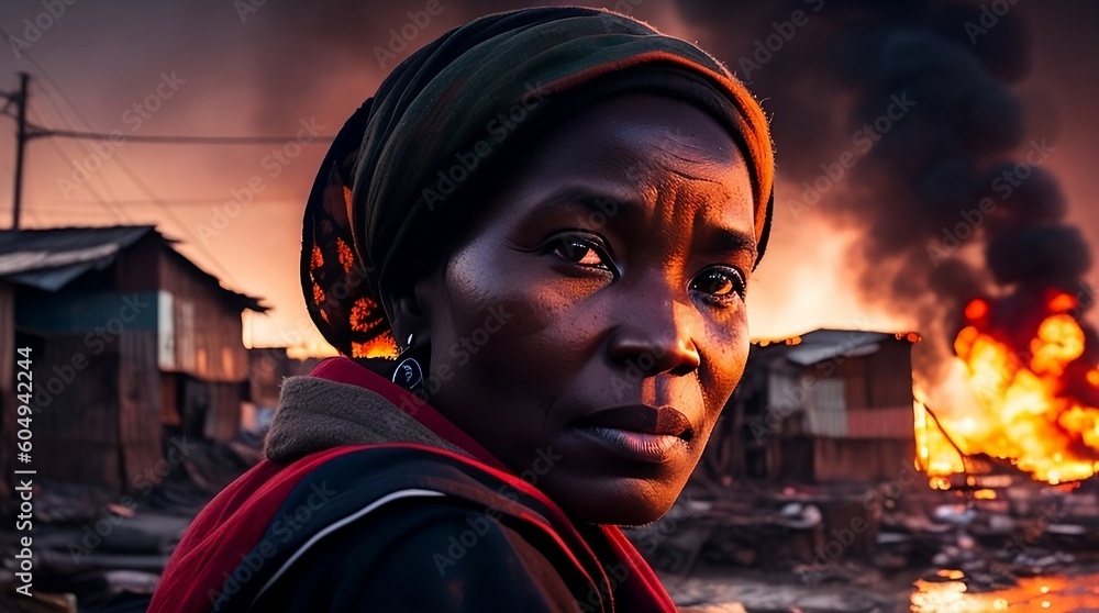 Portrait of a black woman's face. Sadness in the look. Slum on fire ...