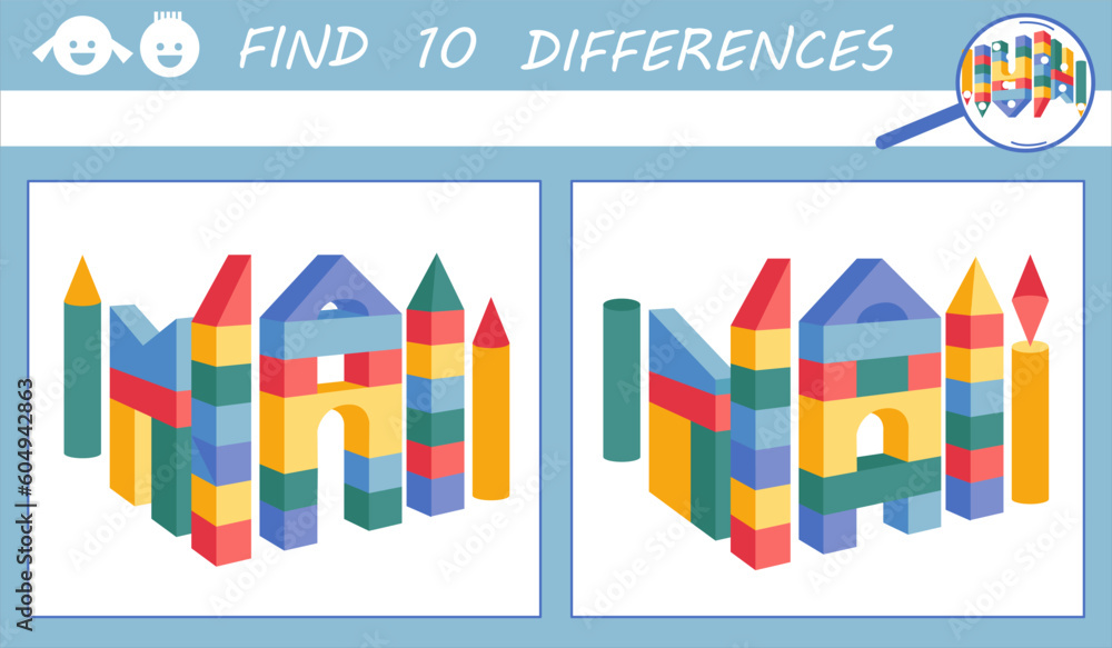Find differences game for kids. Wooden cubes and other shapes castle ...