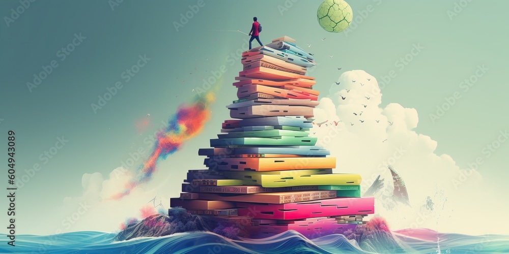 Person climbing a ladder to reach a floating island made of colorful ...