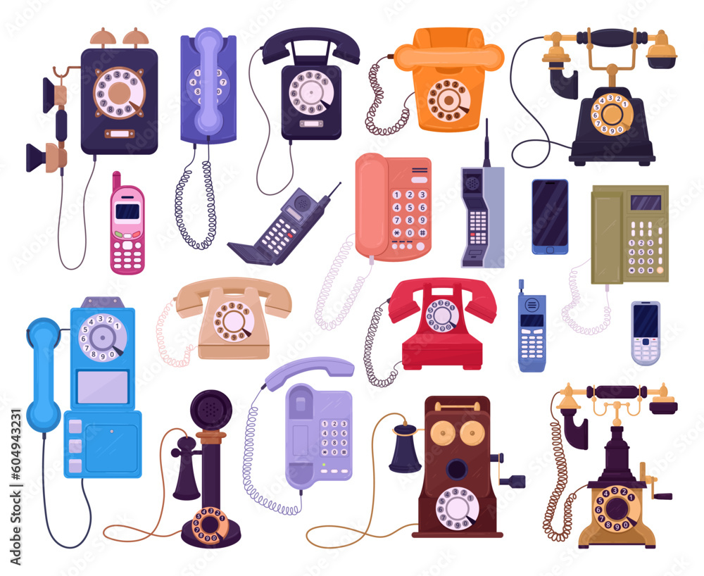Cartoon vintage phones. Retro cellphone, old vintage wired telephone ...