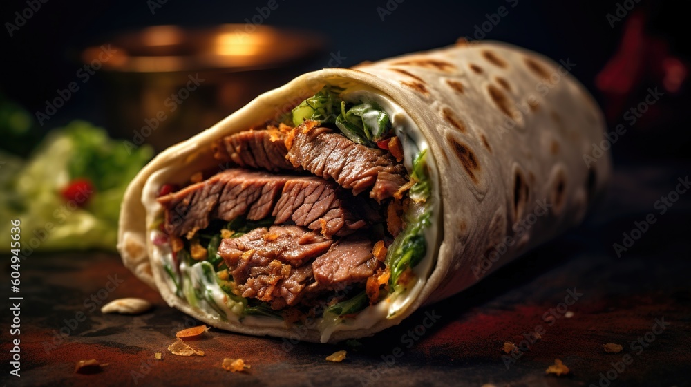 Hot fresh grilled donner or shawarma beef wrap roll, ready to serve and ...