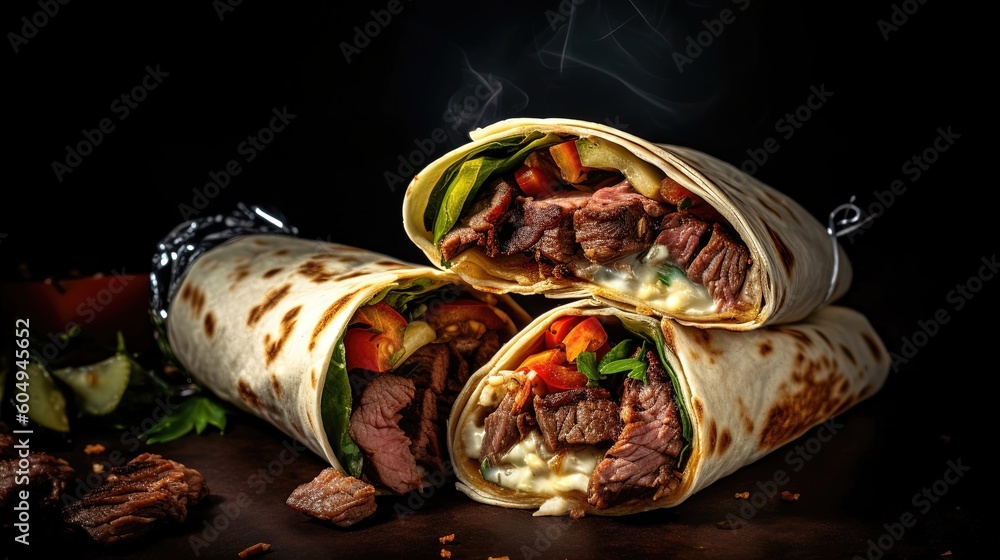 Hot fresh grilled donner or shawarma beef wrap roll, ready to serve and ...