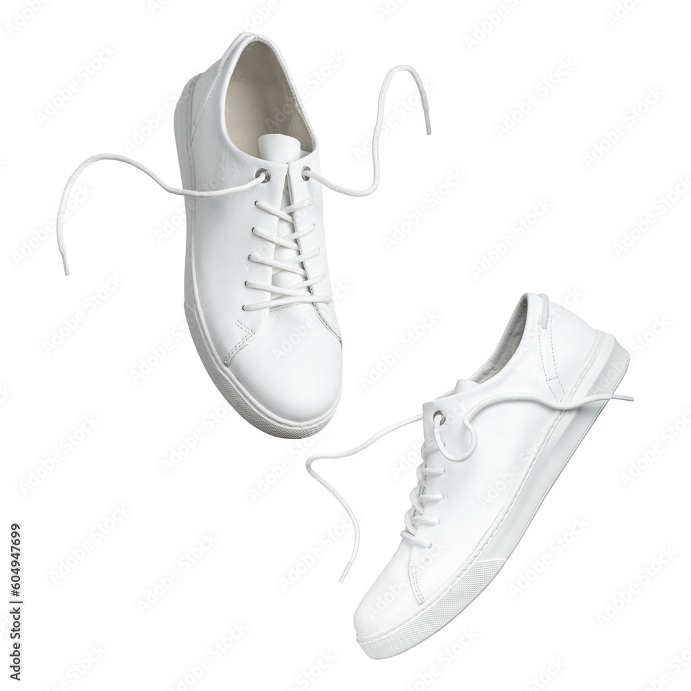 Sneakers cut out. White leather womens sneakers isolated on white ...