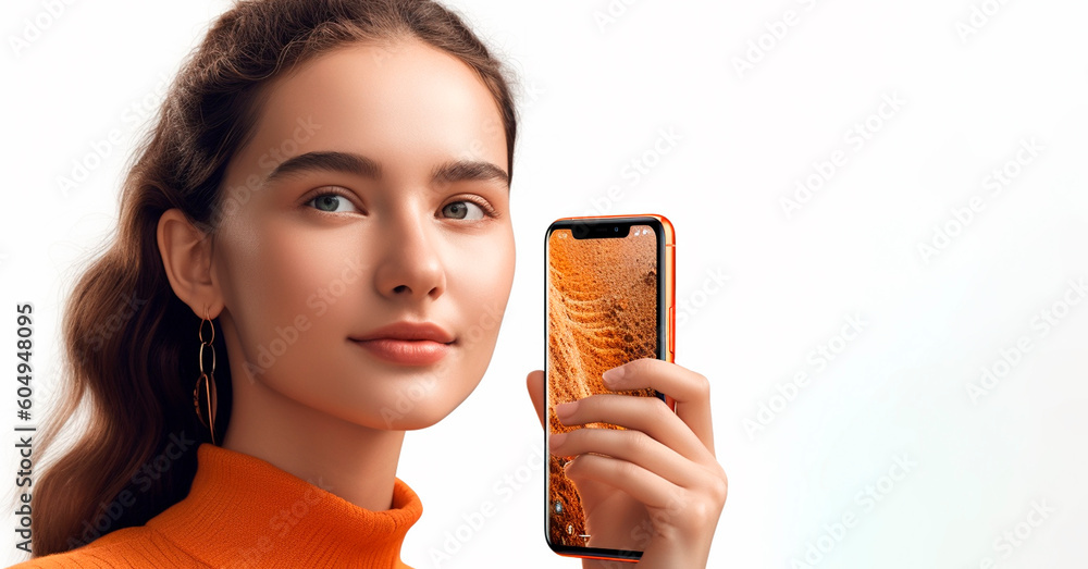 Generative Ai. woman holding up a phone with a picture of a tree on it ...