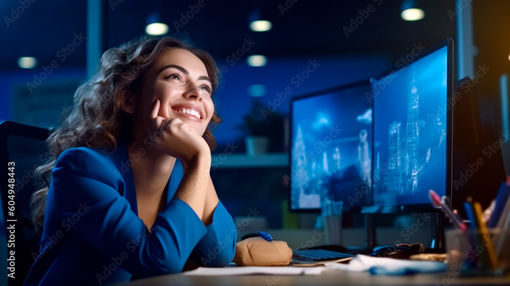 Generative Ai. woman sitting at desk in front of computer with ...