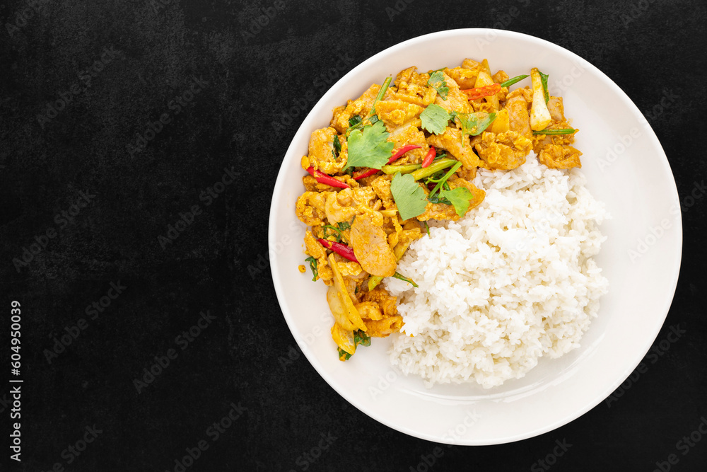 Stir Fried Chicken with Curry Powder beside Steamed Rice in simply ...