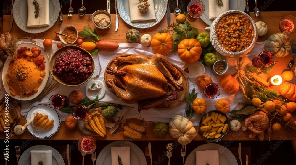 Overhead flat-lay of Friendsgiving table with hands, autumn feast ...