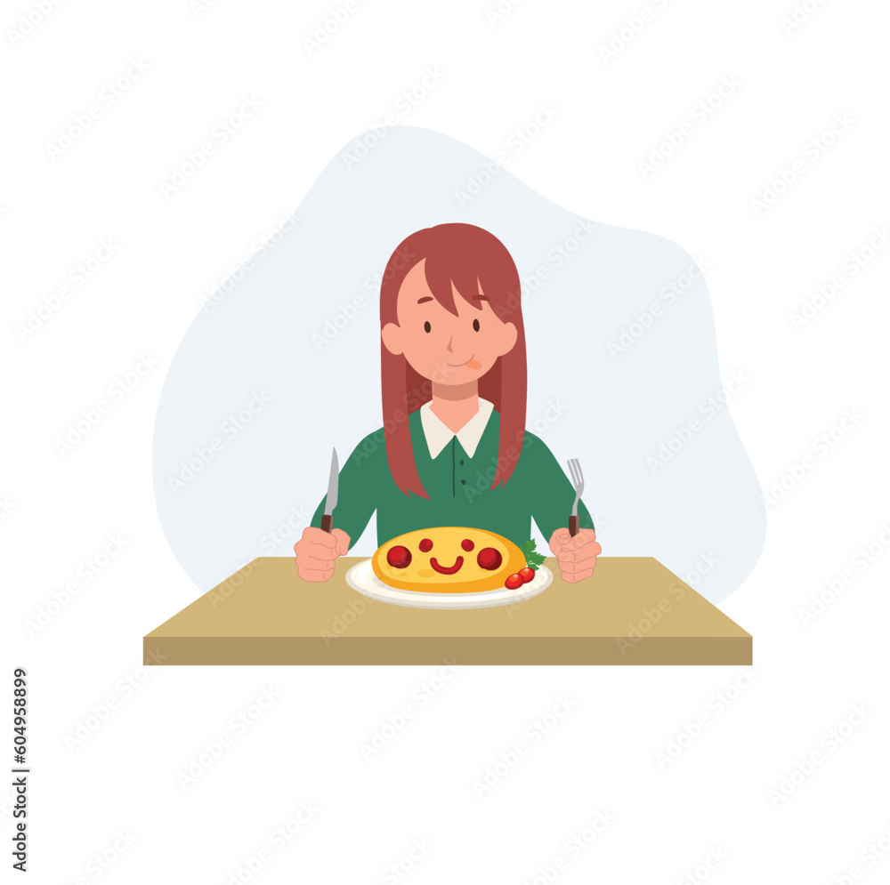 Smiling young little girl ready to having tasty japanese omelette rice ...