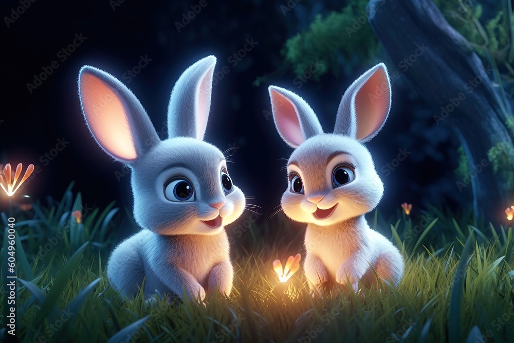 a cute adorable two baby rabbits by night with light in nature rendered ...