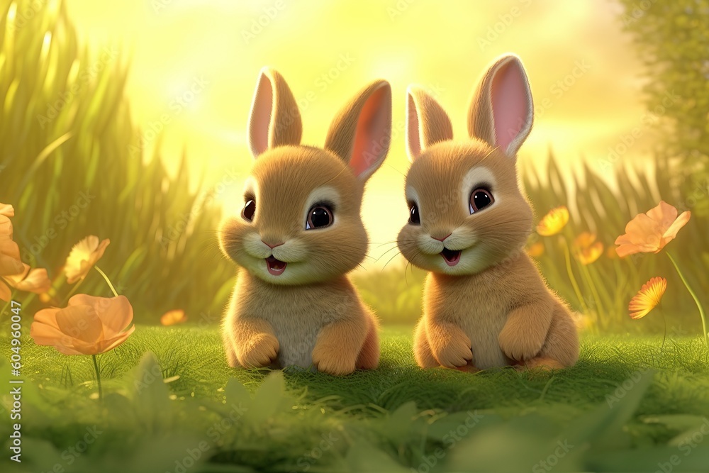 a cute adorable two baby rabbits in nature rendered in the style of ...