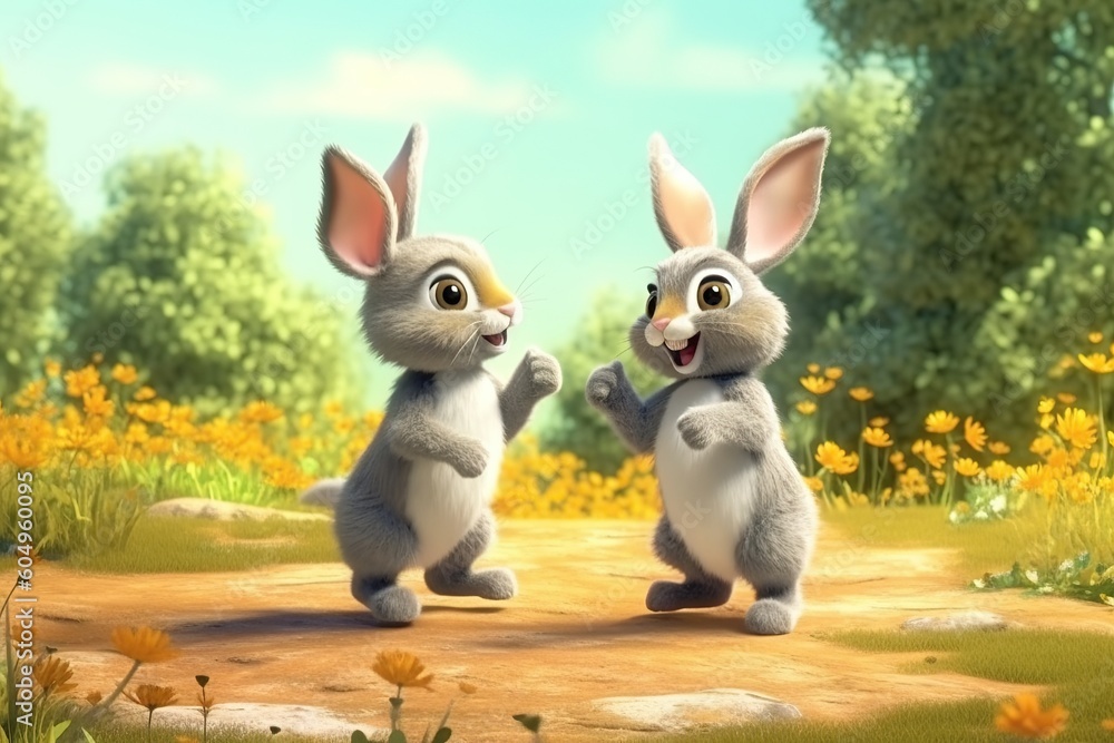 a cute adorable two baby rabbits in nature rendered in the style of ...