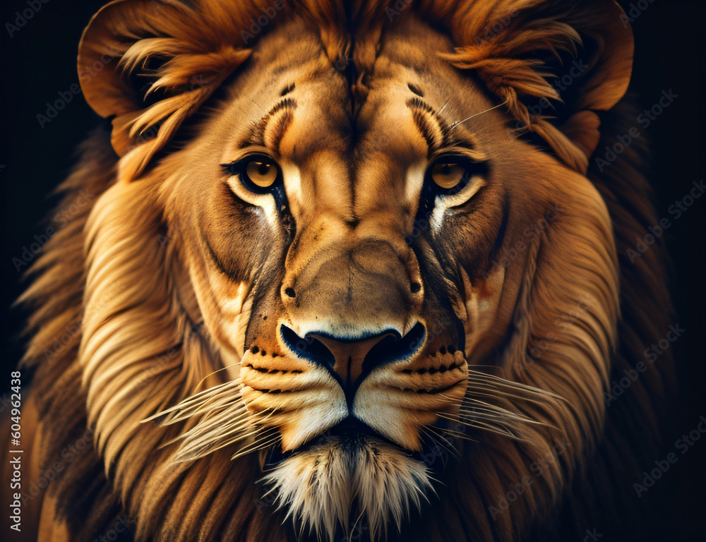 a close up of a lion's face on a black background, face of an lion ...
