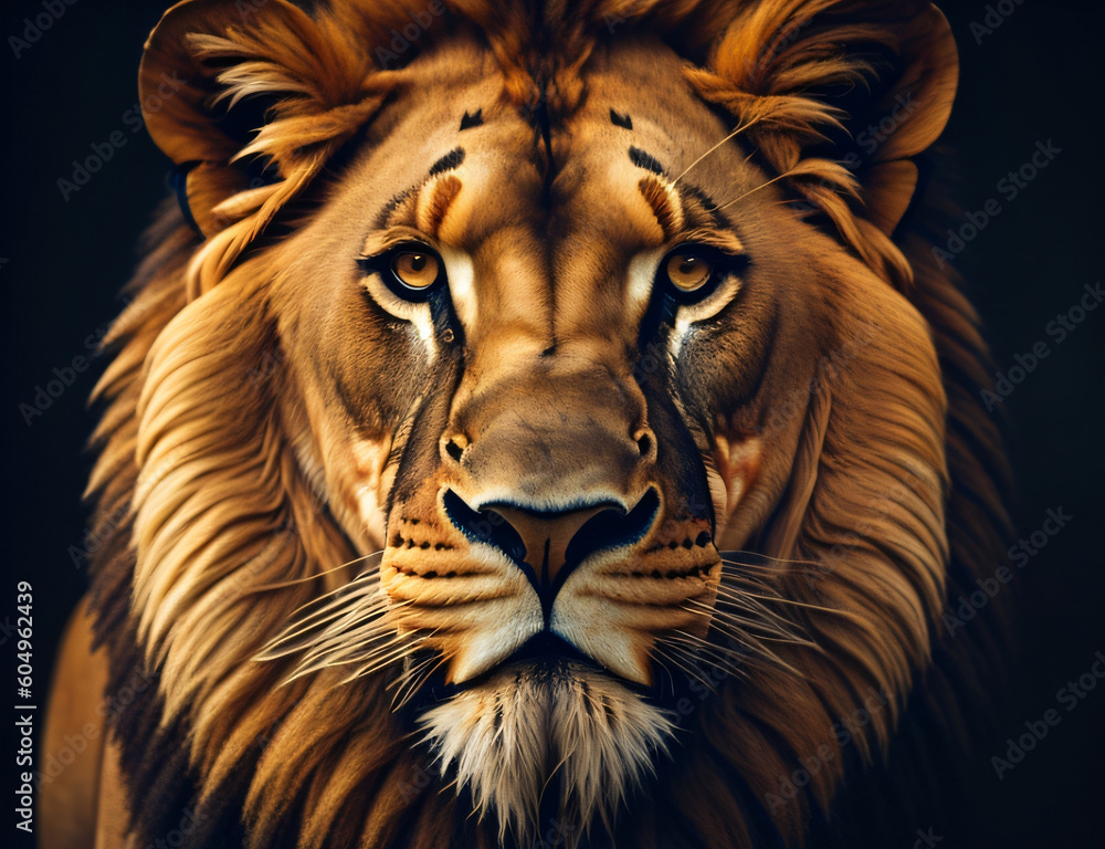 a close up of a lion's face on a black background, face of an lion ...