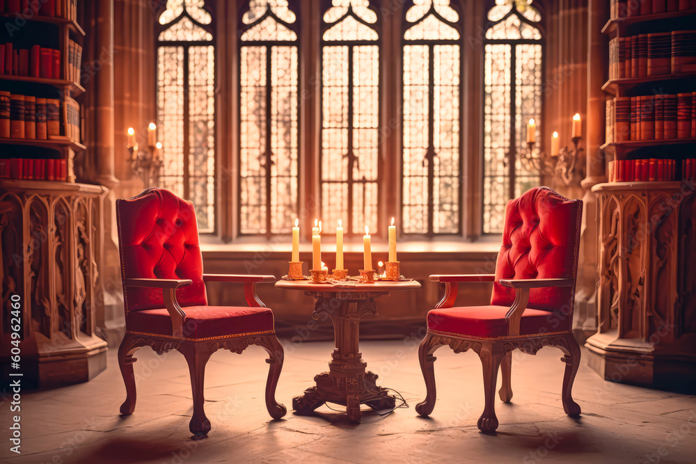 Medieval living room with book shelves, candles, small table and red ...