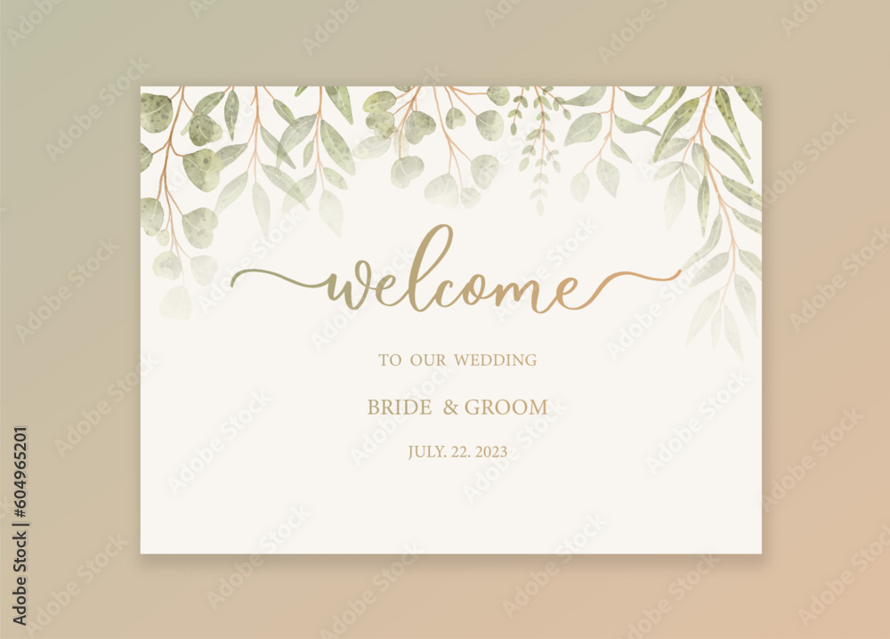 Welcome wedding sign. Calligraphy with green watercolor botanical ...