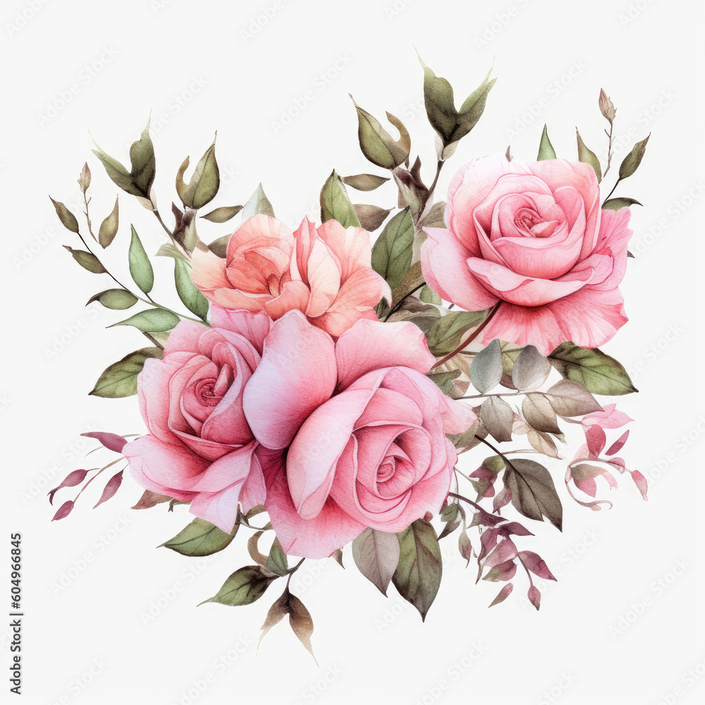 Watercolor Light Pink Rose Bouquets with Delicate Vines - White ...